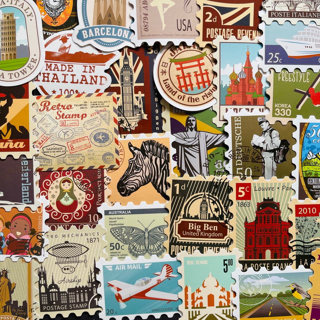 25/50 Vinyl Vintage Postage Stamp Stickers, Die Cut Decal Set ...