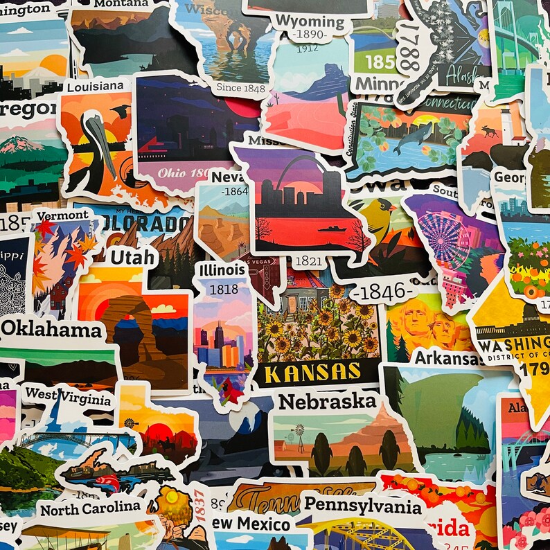 50 Vinyl All US State Stickers, Die Cut Decal Set, Waterproof Reusable ...