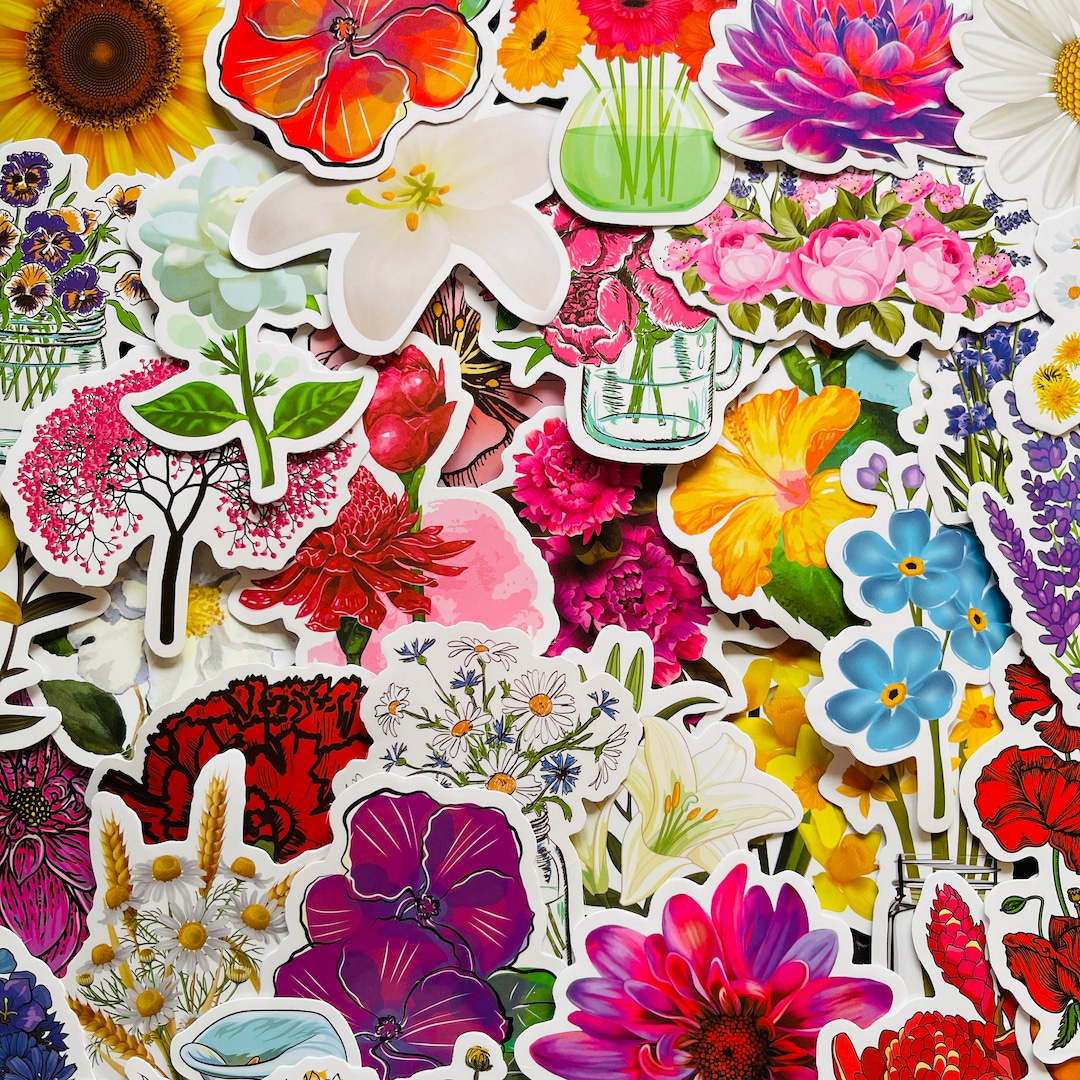 25/50 Vinyl Flower Stickers, Die Cut Decal Set, Waterproof Reusable ...