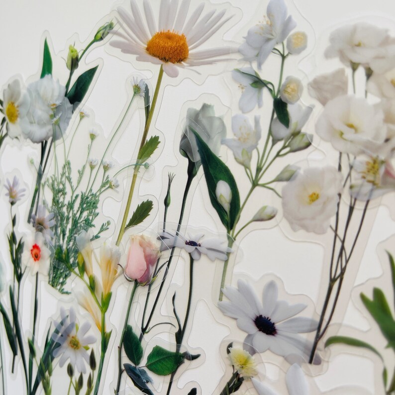 20 Vinyl Transparent White Flower Sticker Pack, Waterproof Reusable Set ...