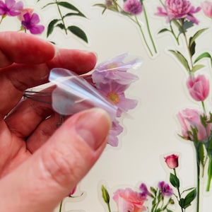 20 Vinyl Transparent Pink Flower Sticker Pack, Waterproof Reusable Set ...
