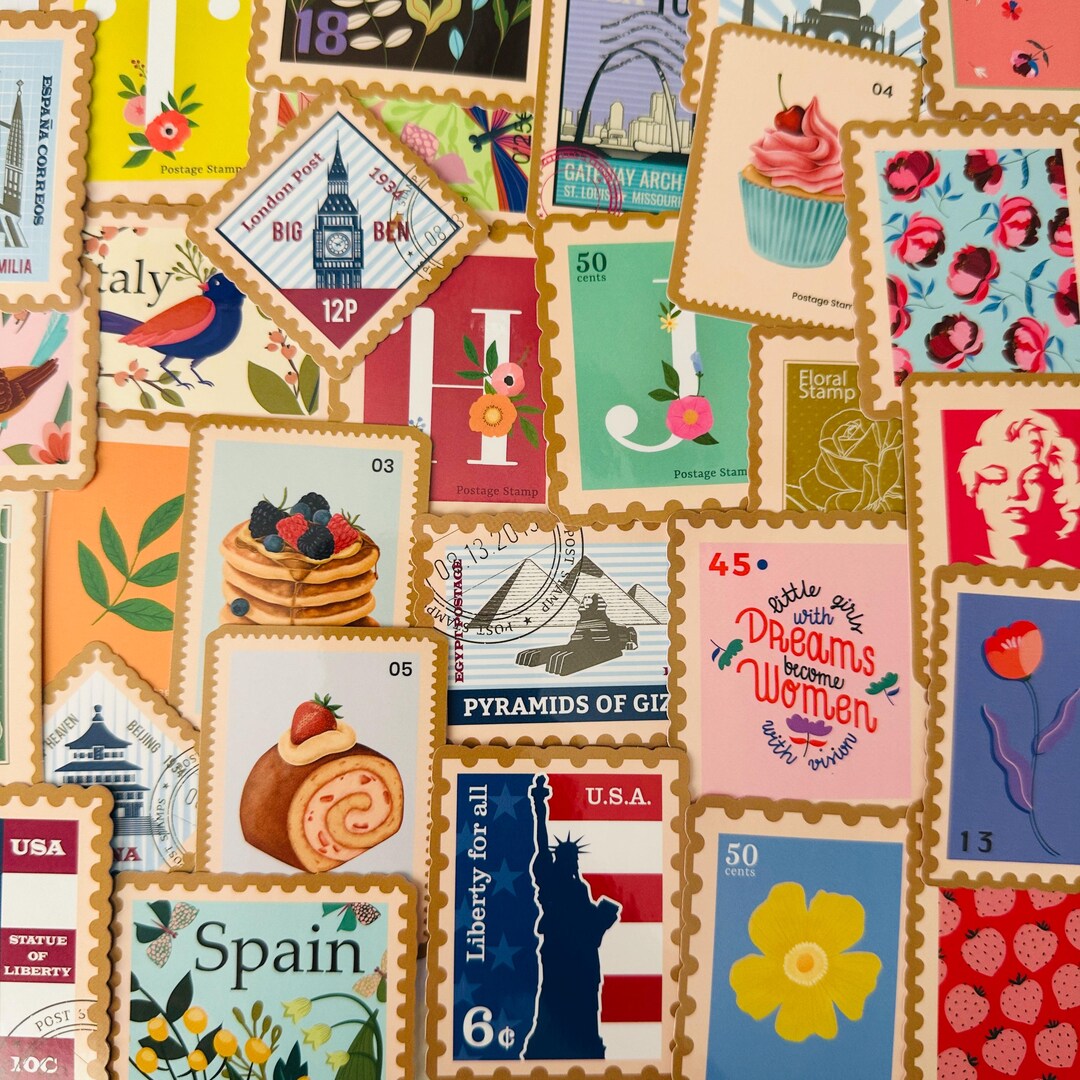 25/50 Vinyl Retro Postage Stamp Stickers, Die Cut Decal Set, Waterproof ...