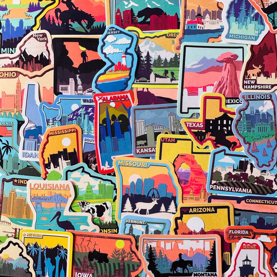50 Vinyl All US State Stickers, Die Cut Decal Set, Waterproof Reusable ...