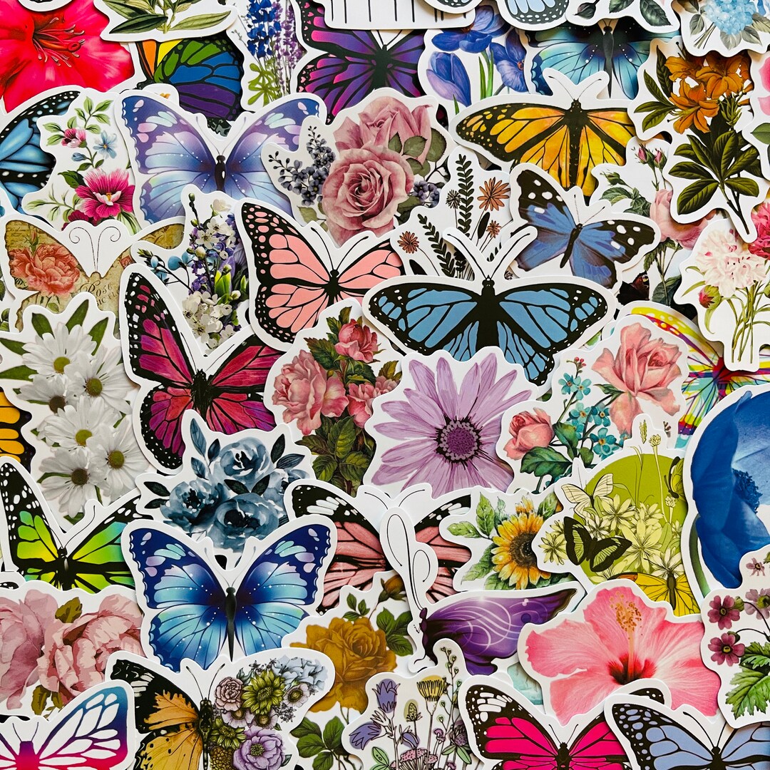 25/50/100 Mixed Butterfly Flower Stickers, Vinyl Die Cut Decal Set ...