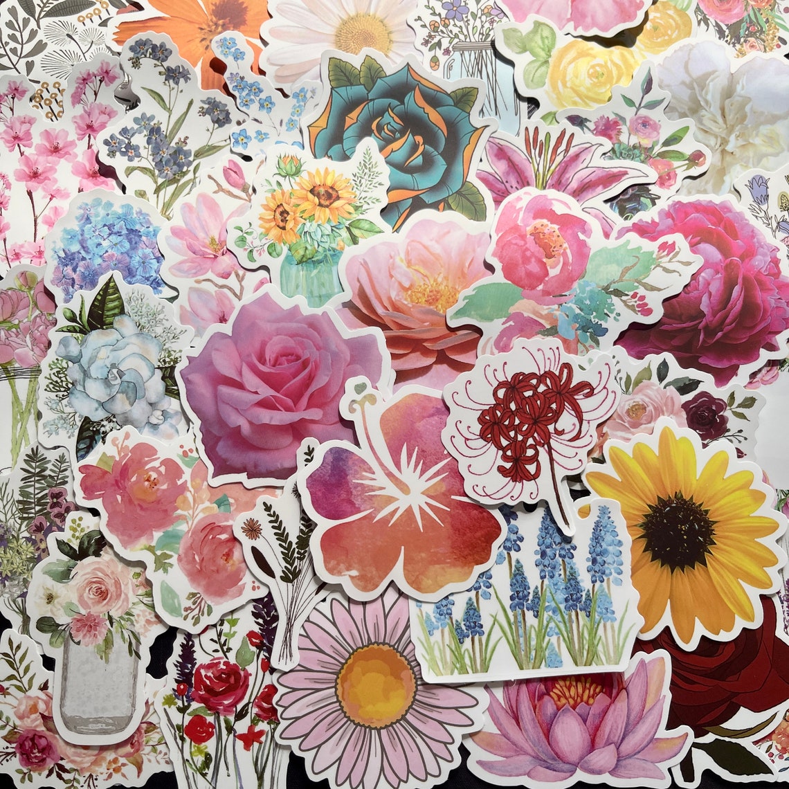 25/50 Vinyl Flower Stickers, Die Cut Decal Set, Waterproof Reusable ...