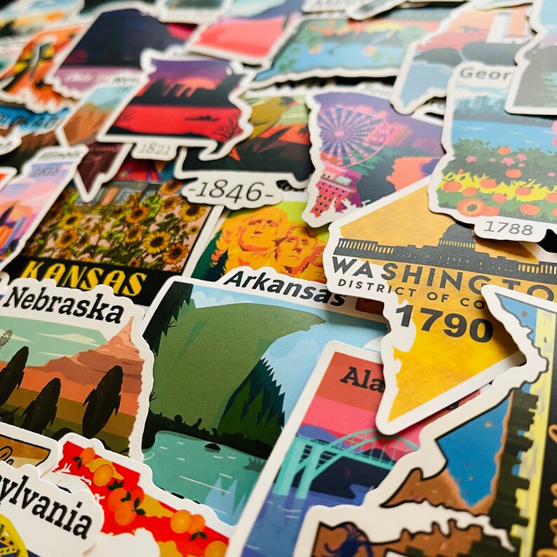 50 Vinyl All US State Stickers, Die Cut Decal Set, Waterproof Reusable ...