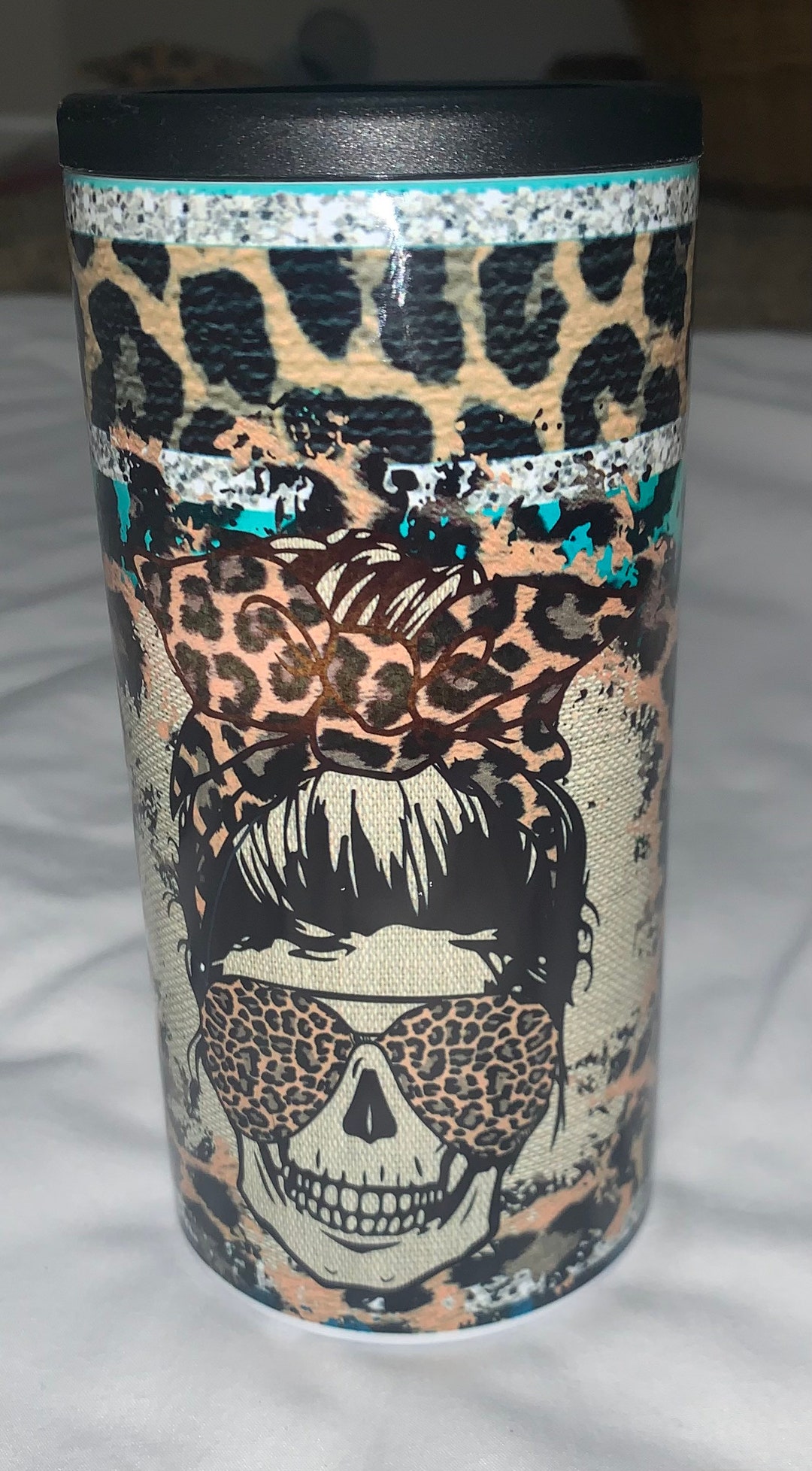 New in Box Woman Scull Leopard Print Skinny, Can Cooler, Seltzer Can ...