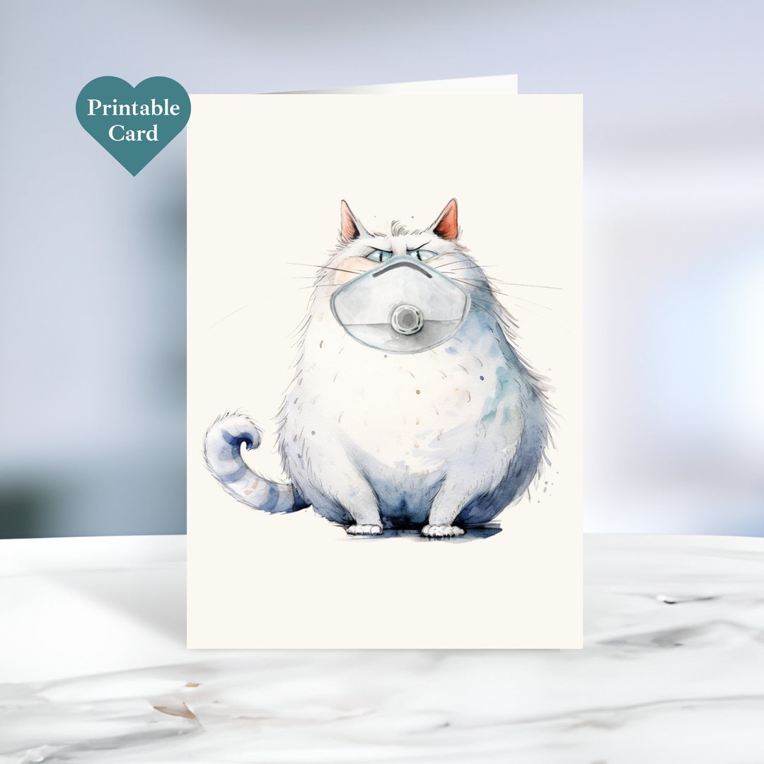 Masked Cat Printable Card. Funny White Cat Wearing a Face Mask ...