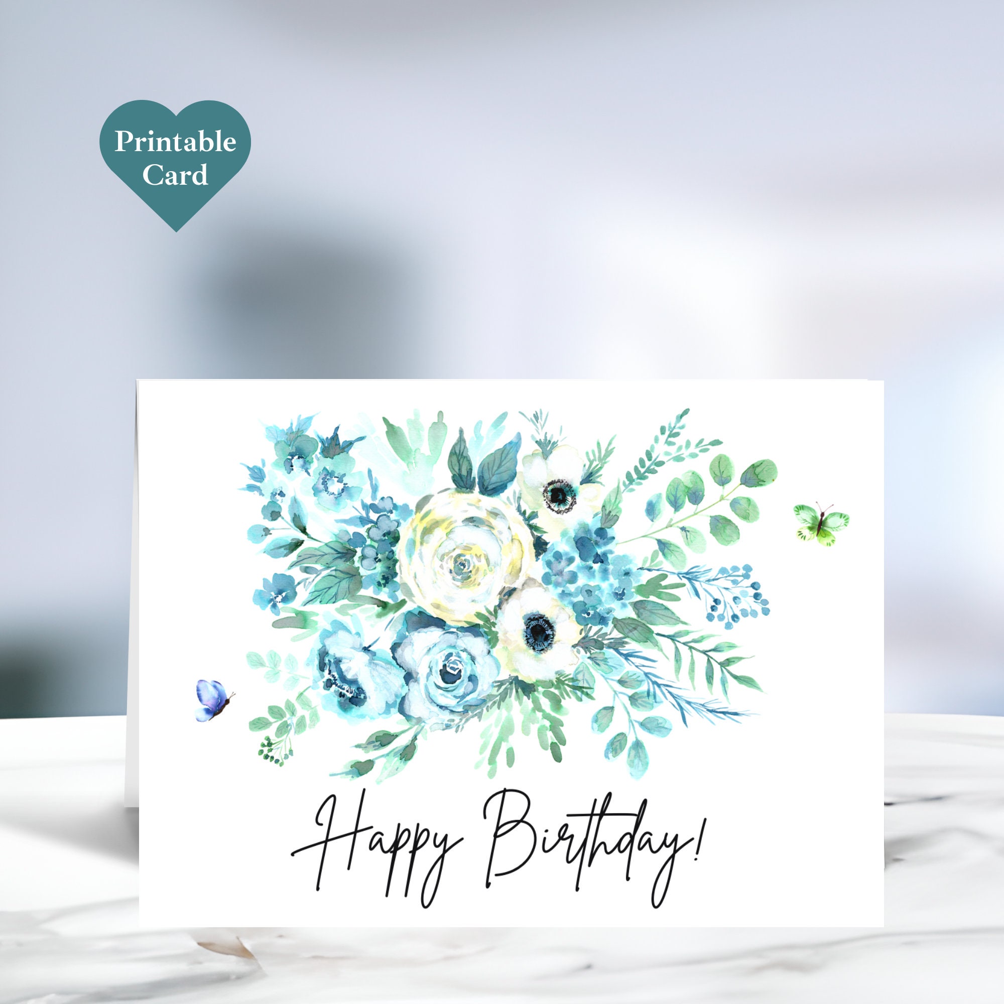 Printable Birthday Card. Blue Floral. Envelope Template Included. 5 X 7 ...