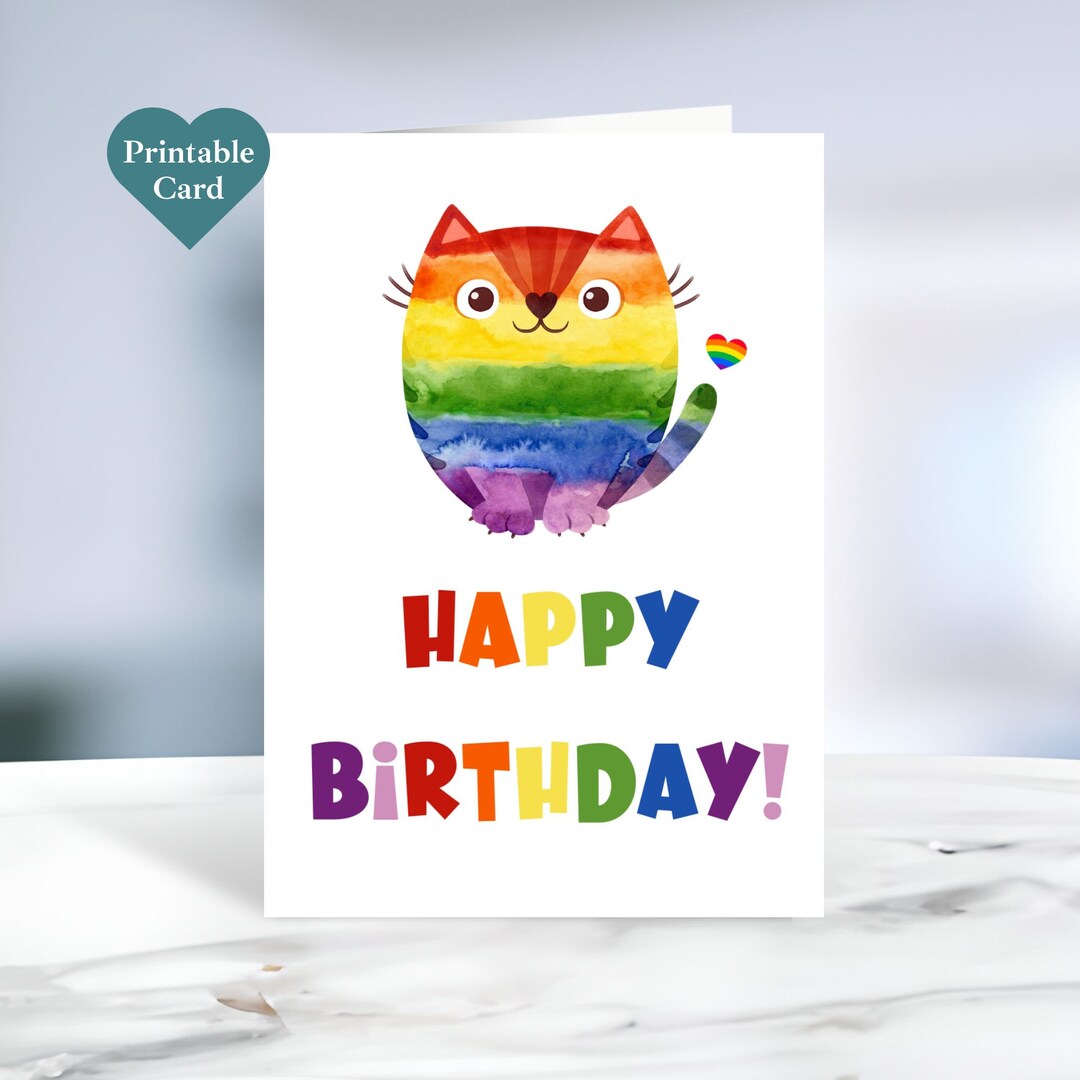 LGBTQ Printable Birthday Card. Rainbow Cat. Envelope Template Included ...
