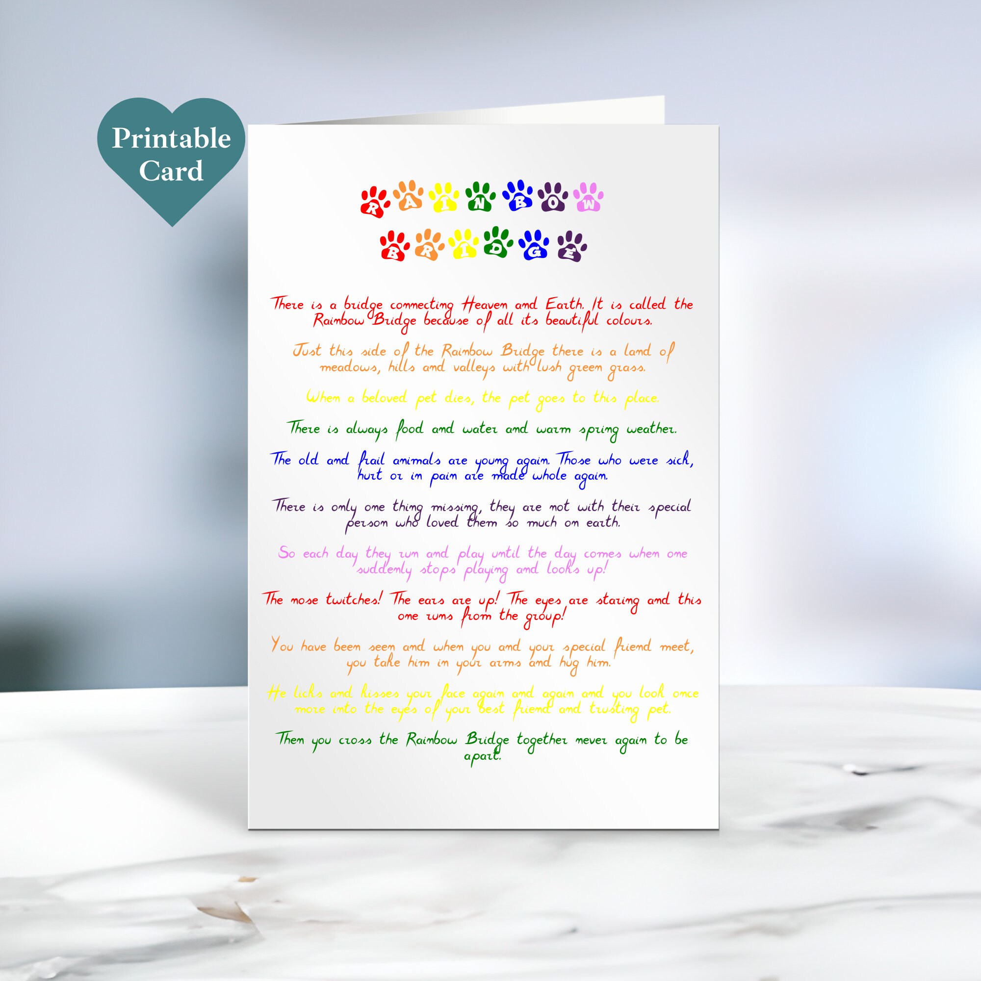 Printable Rainbow Bridge Card With Envelope Template. Pet Loss. 5 X 7 ...