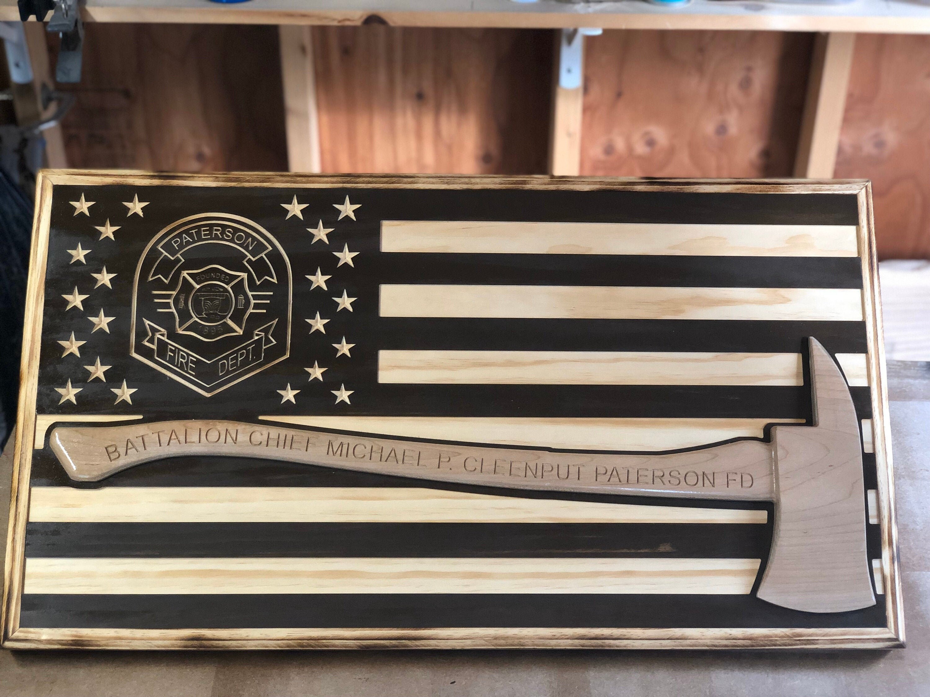 Firefighter Flag With Ax, Rustic Flag, Fire Fighter Flag, Wood Flag ...