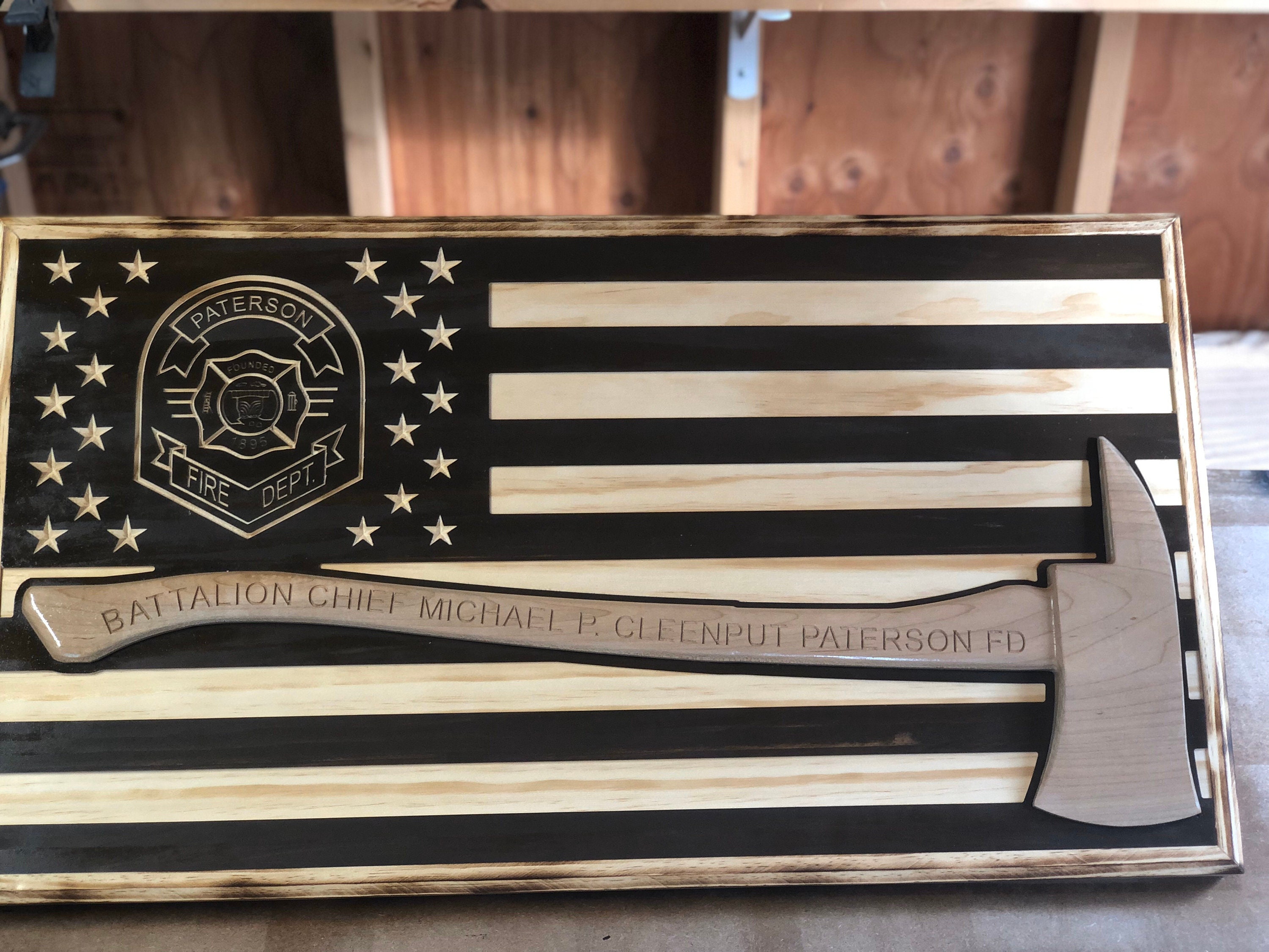 Firefighter Flag With Ax, Rustic Flag, Fire Fighter Flag, Wood Flag ...