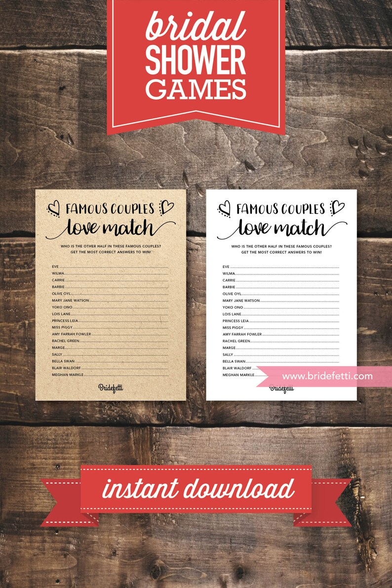Printable Bridal Shower Games, Famous Couples Love Match Game, INSTANT ...