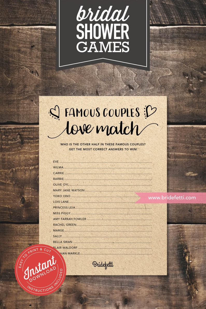 Printable Bridal Shower Games, Famous Couples Love Match Game, INSTANT ...