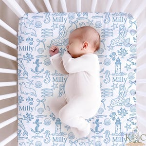 Coquette Mermaid Crib Sheet, Personalized Coastal Blue Hospital Crib ...