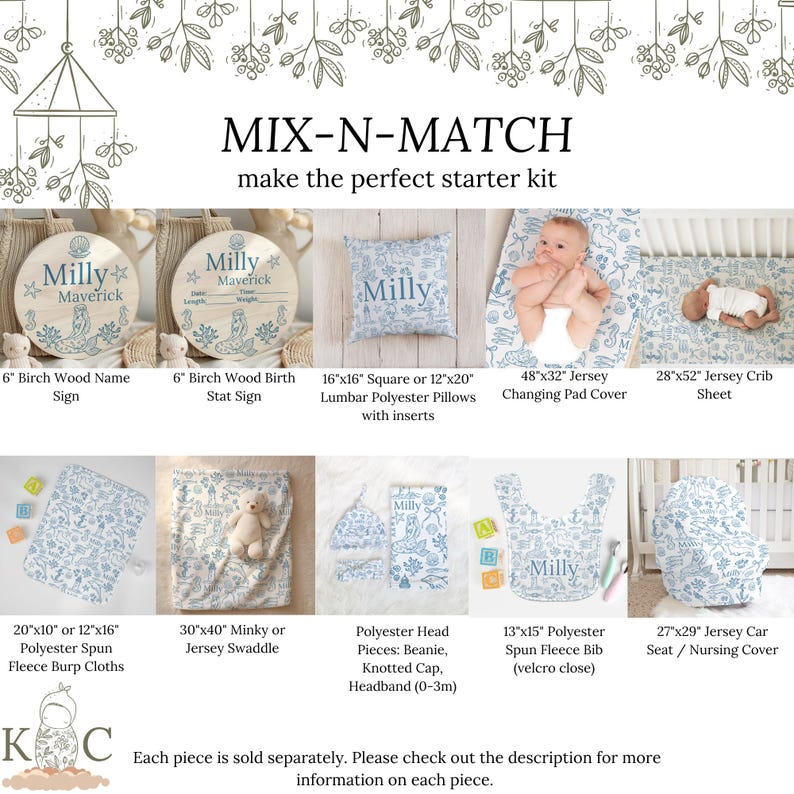 Coquette Mermaid Crib Sheet, Personalized Coastal Blue Hospital Crib ...