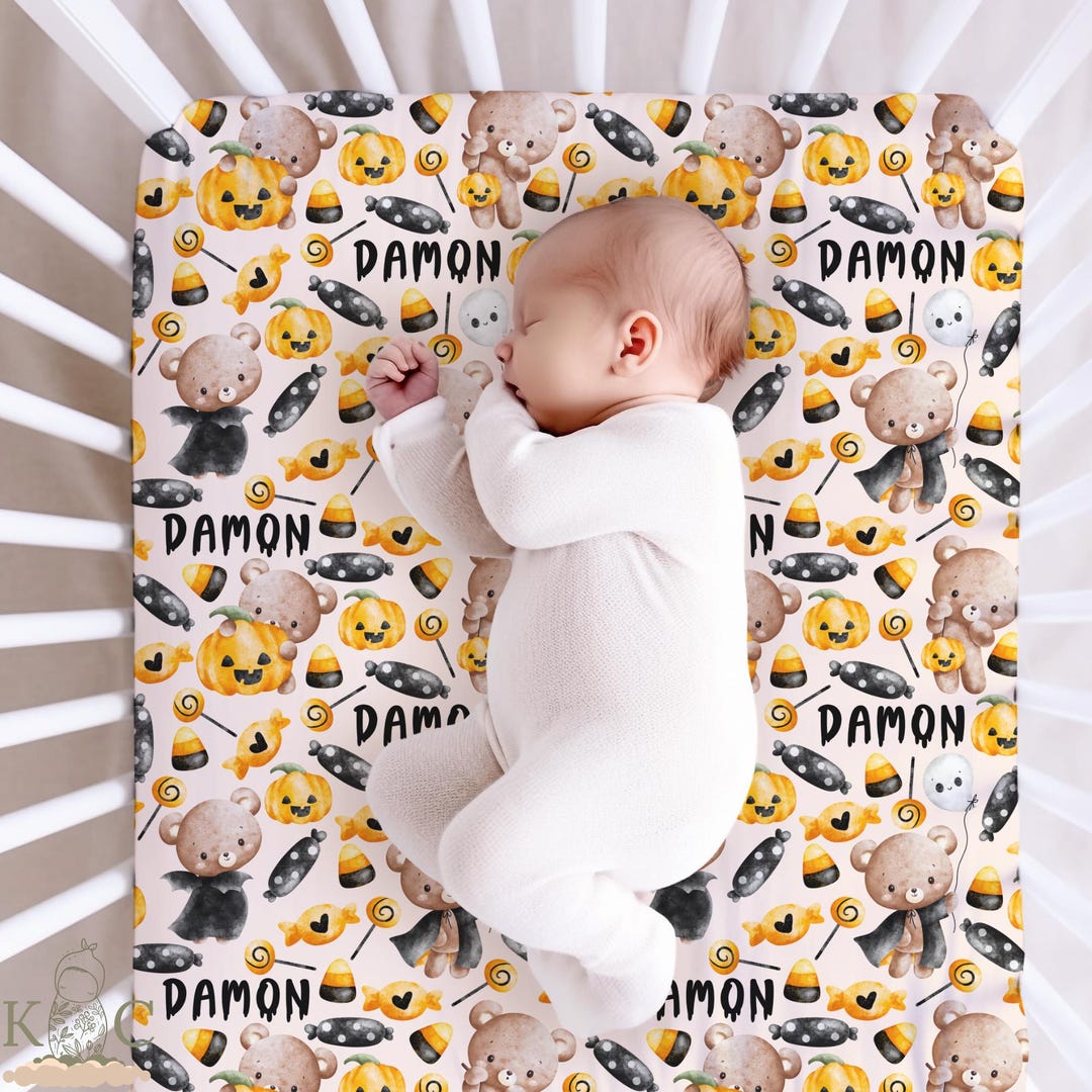 Cute Halloween Crib Sheet for Boys, Personalized Bear and Candy ...