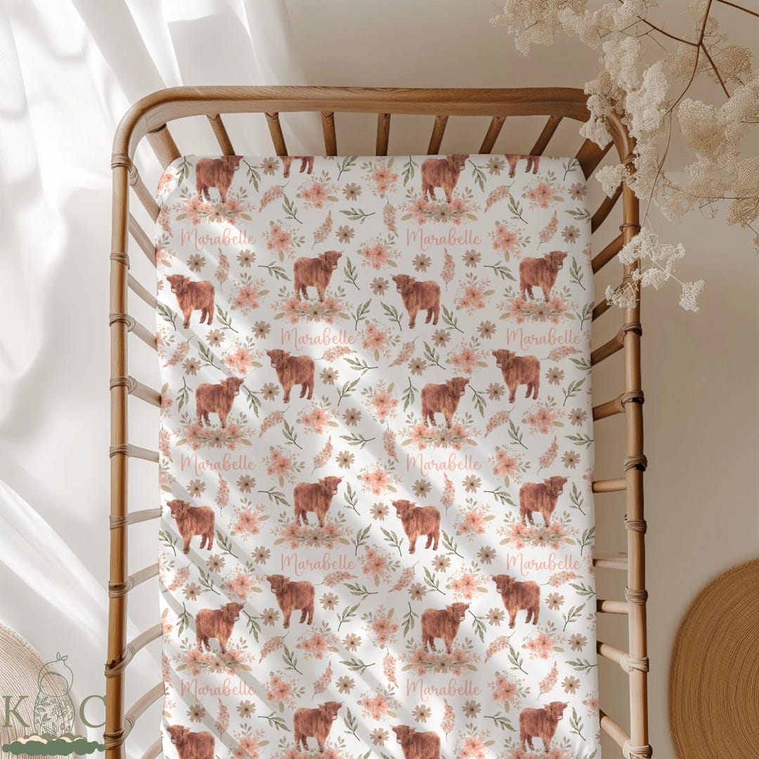 Personalized Highland Cow Crib Sheet, Pink Cottagecore Floral Nursery ...