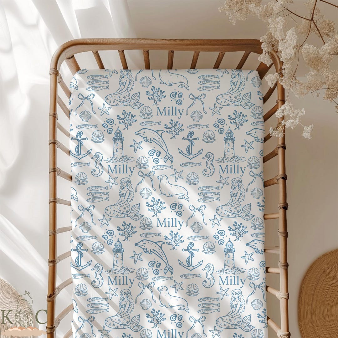 Coquette Mermaid Crib Sheet, Personalized Coastal Blue Hospital Crib ...