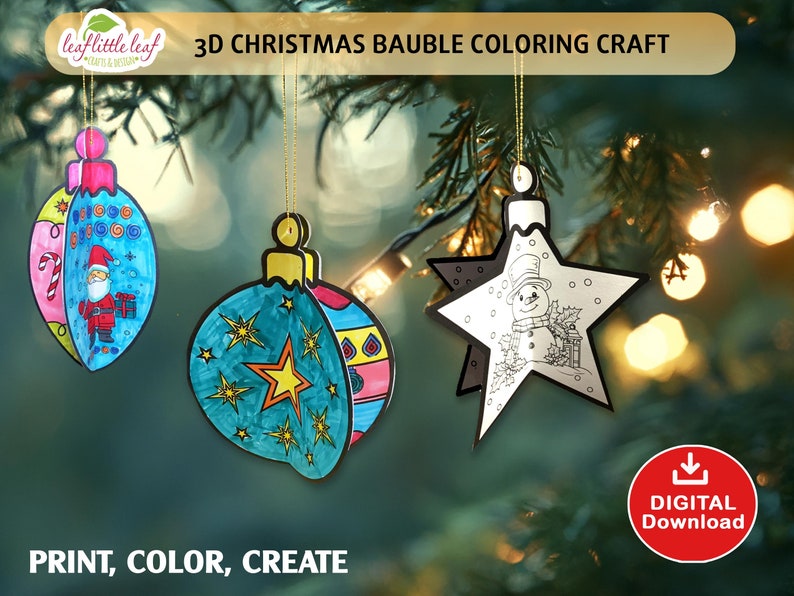 3D Paper Christmas Ornaments Coloring Craft for Children, Paper Craft ...