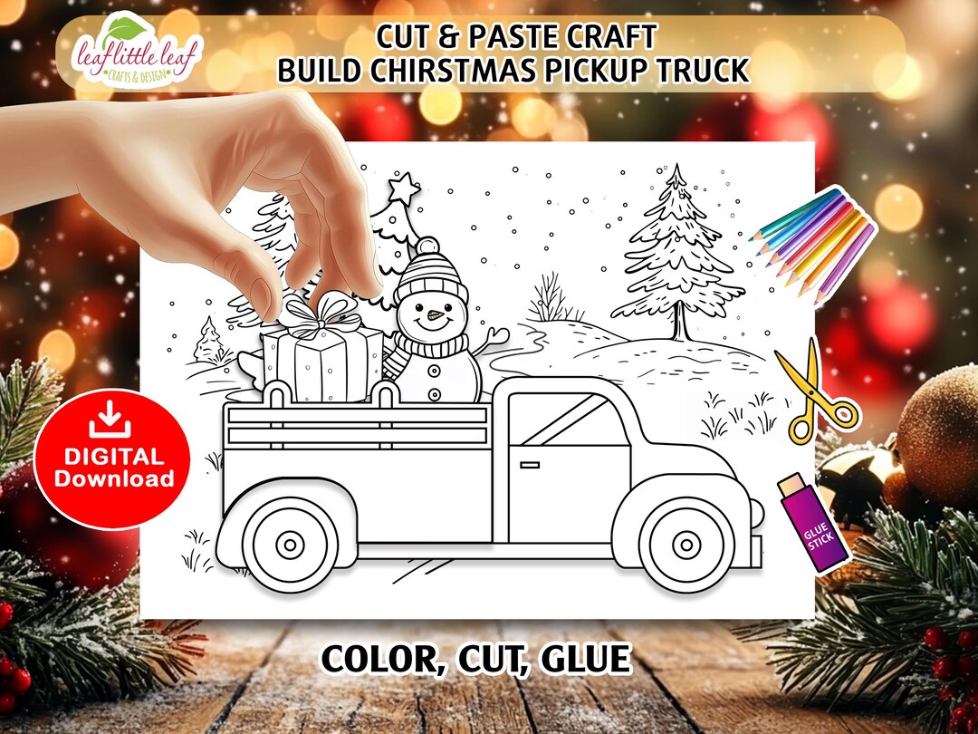 Paper Christmas Pickup Truck Cut & Paste Coloring Craft for Children ...