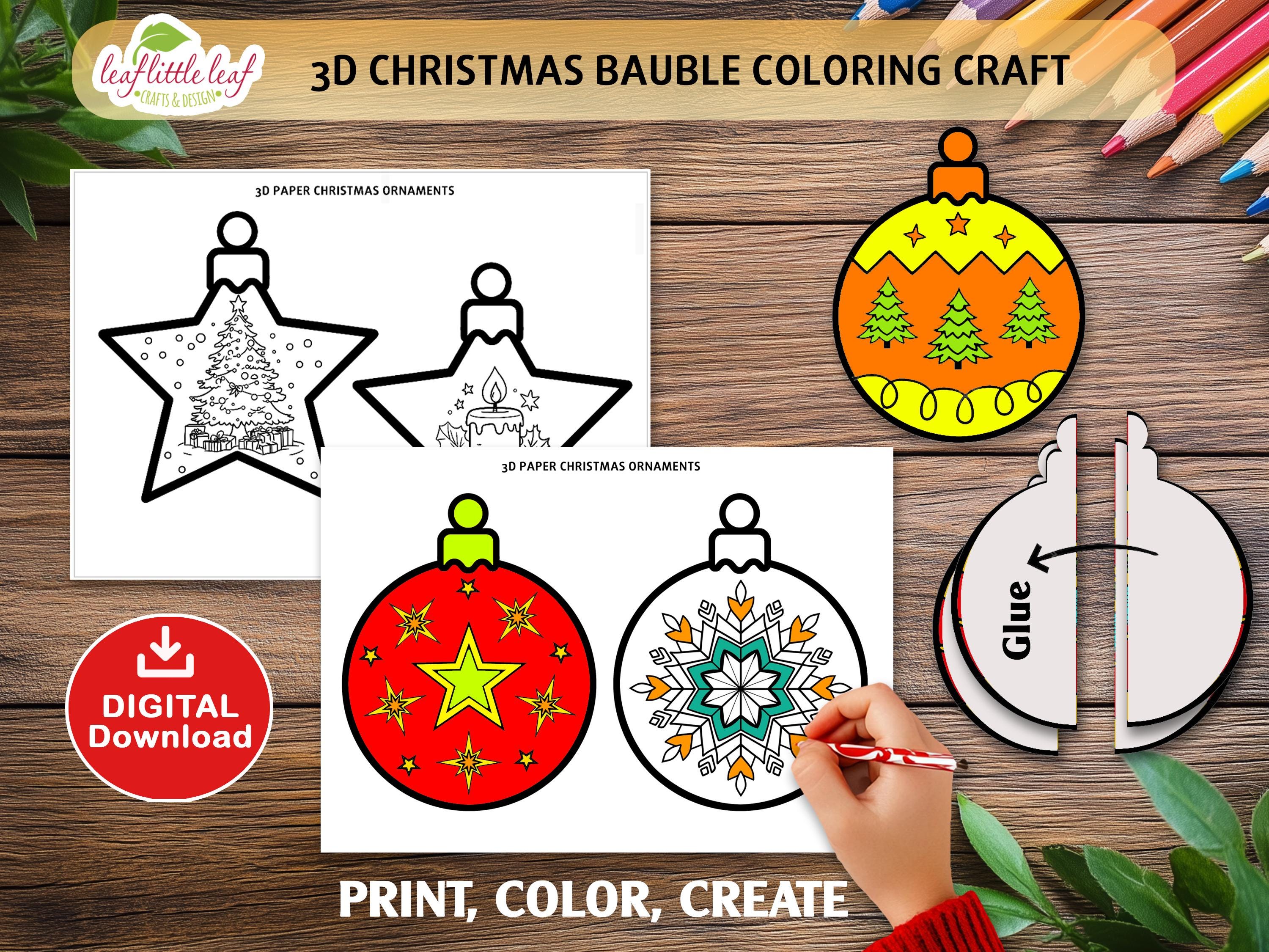 3D Paper Christmas Ornaments Coloring Craft for Children, Paper Craft ...
