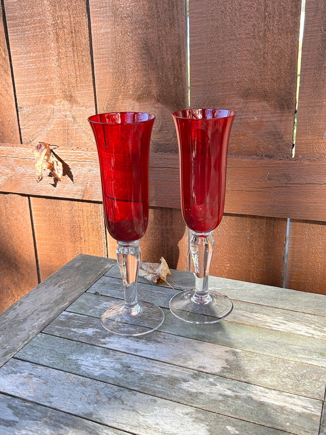 Vintage Red Flutes With Clear Stems Set of 2 - Etsy