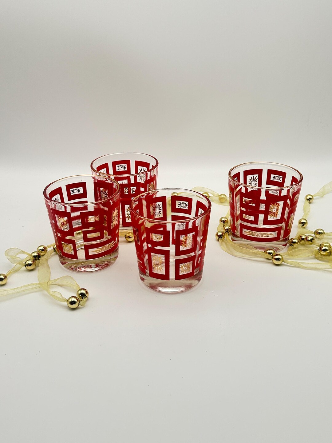 Set of 4 MCM Jeannette Atomic Starburst Red Lowball Old Fashioned ...