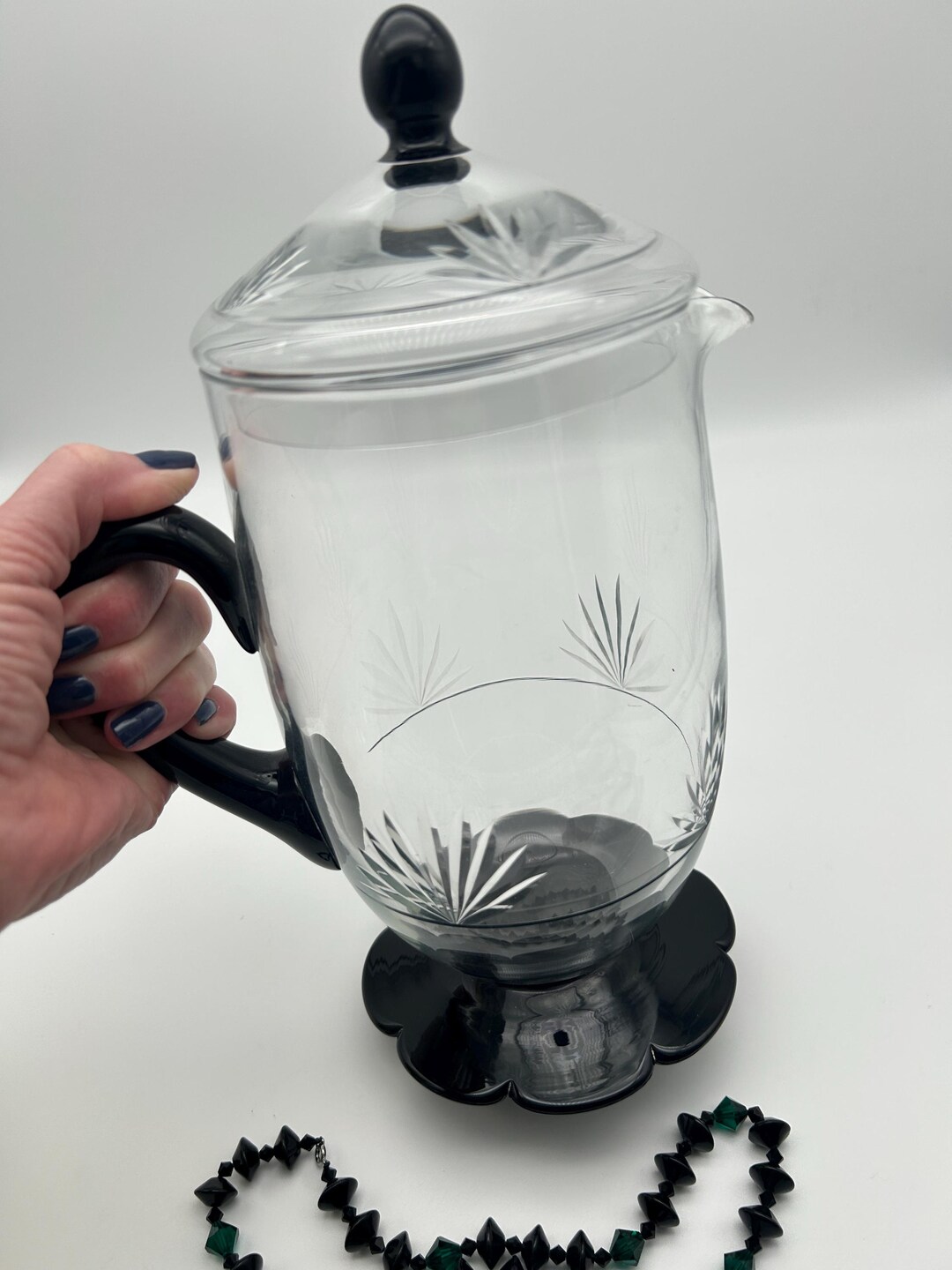 Vintage Art Deco Crystal Pitcher With Black Amethyst Base by Fry Glass ...