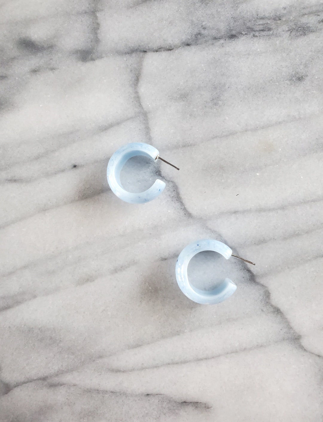 Vintage Blue Chunky Hoop Earrings, Blue Hoops, Blue Acrylic Hoops, Half ...