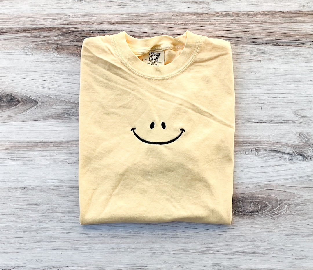 Happy Face Comfort Colors Tee, Smile Shirt, Happy T-shirt, Embroidered ...