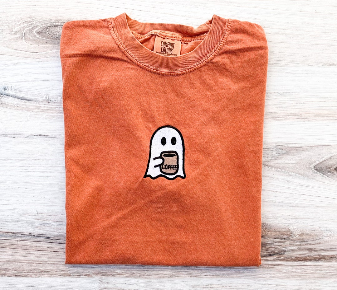 Ghost Comfort Colors Tee, Ghost With Coffee Embroidered Tee, Fall T ...