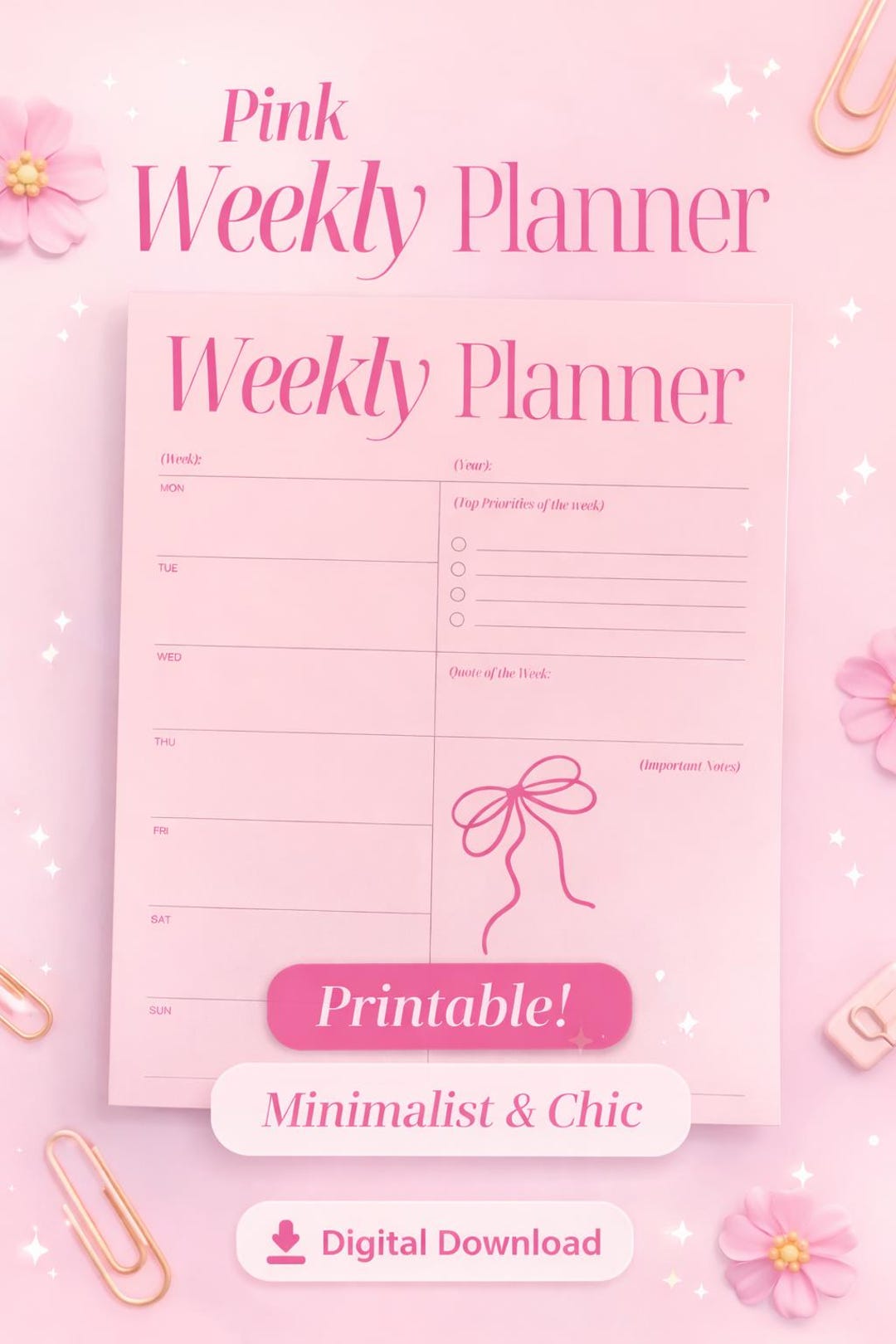Pink Weekly Planner Printable | Minimalist Girly Planner | Digital ...