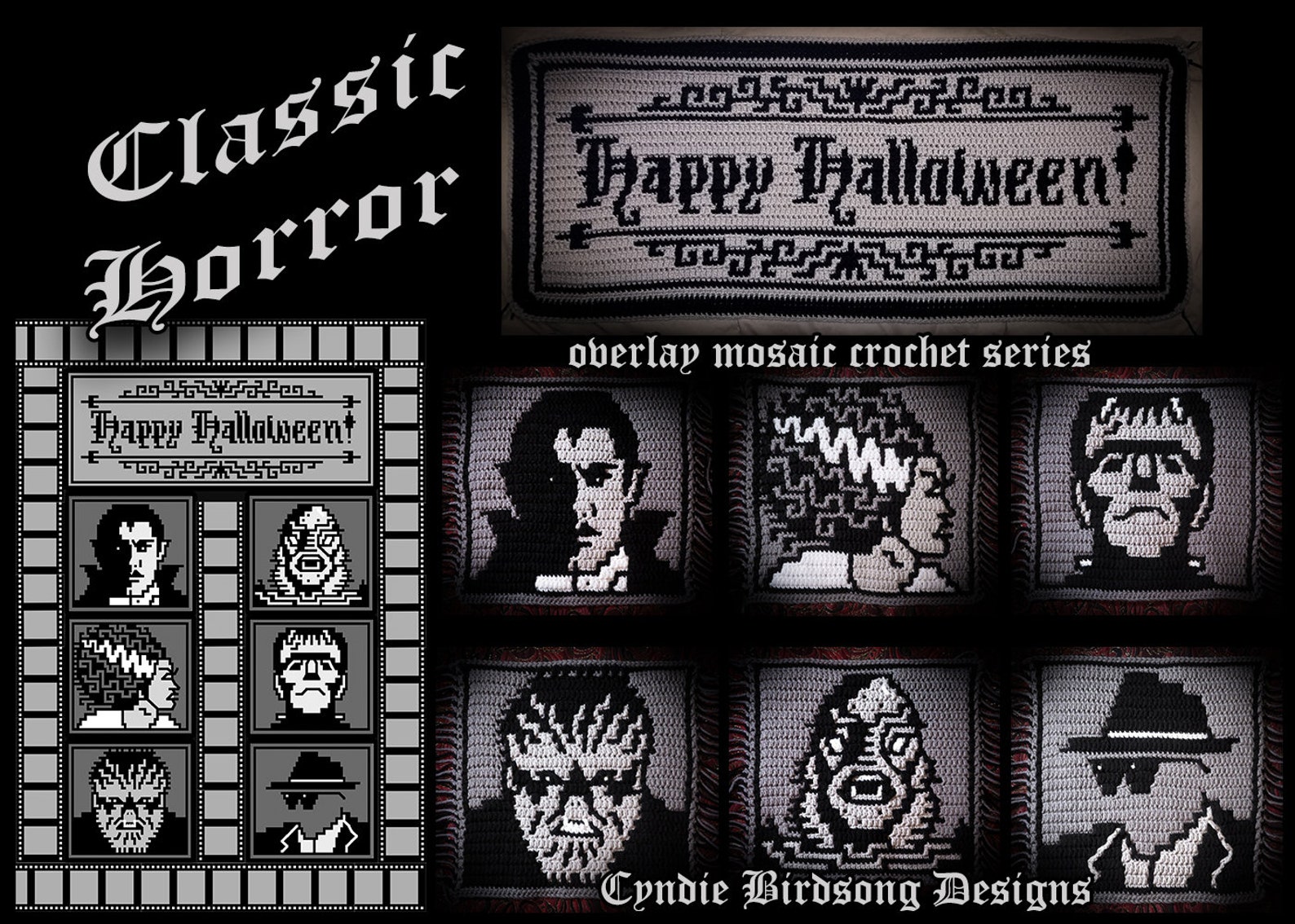 PDF PATTERN - "halloween - Classic Horror Films Blanket" Mosaic Crochet ...