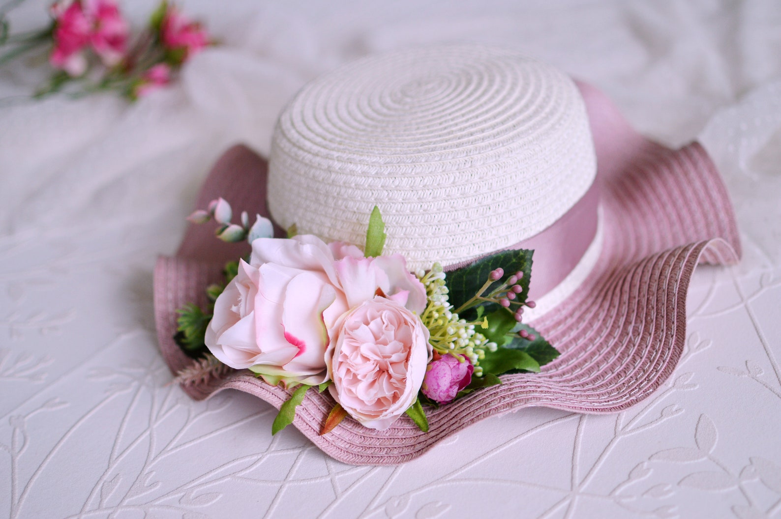 Dusty Pink Flower Hat, Child Straw Hat, Formal Straw Kid Hat, Floral ...