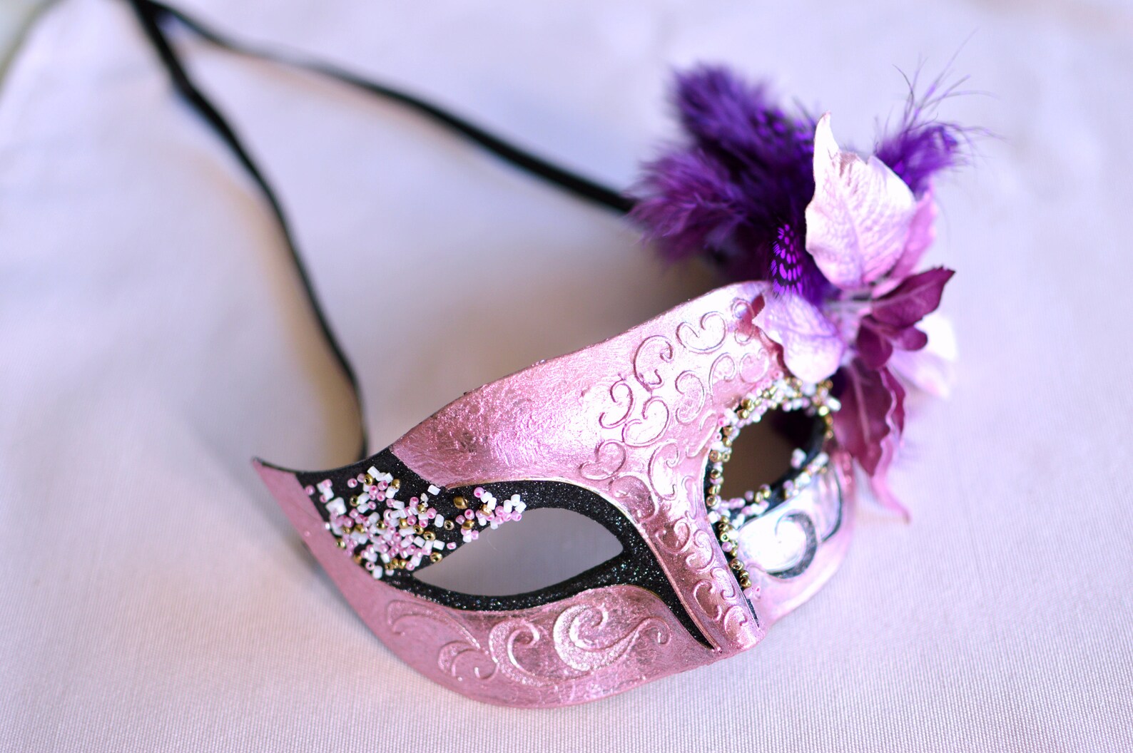 Floral Masquerade Mask, Purple Flower Mask, Purple Feather Mask, Ball ...