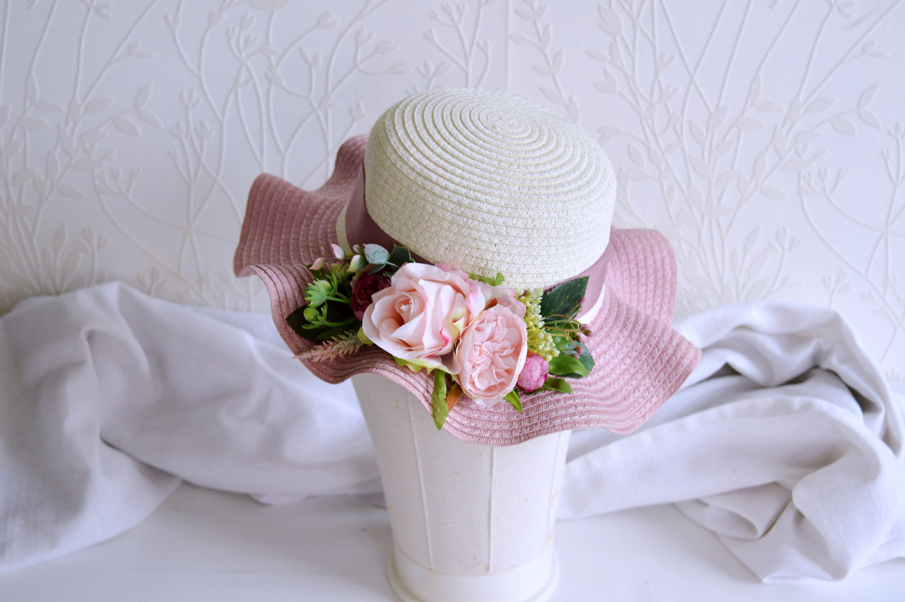 Dusty Pink Flower Hat, Child Straw Hat, Formal Straw Kid Hat, Floral ...