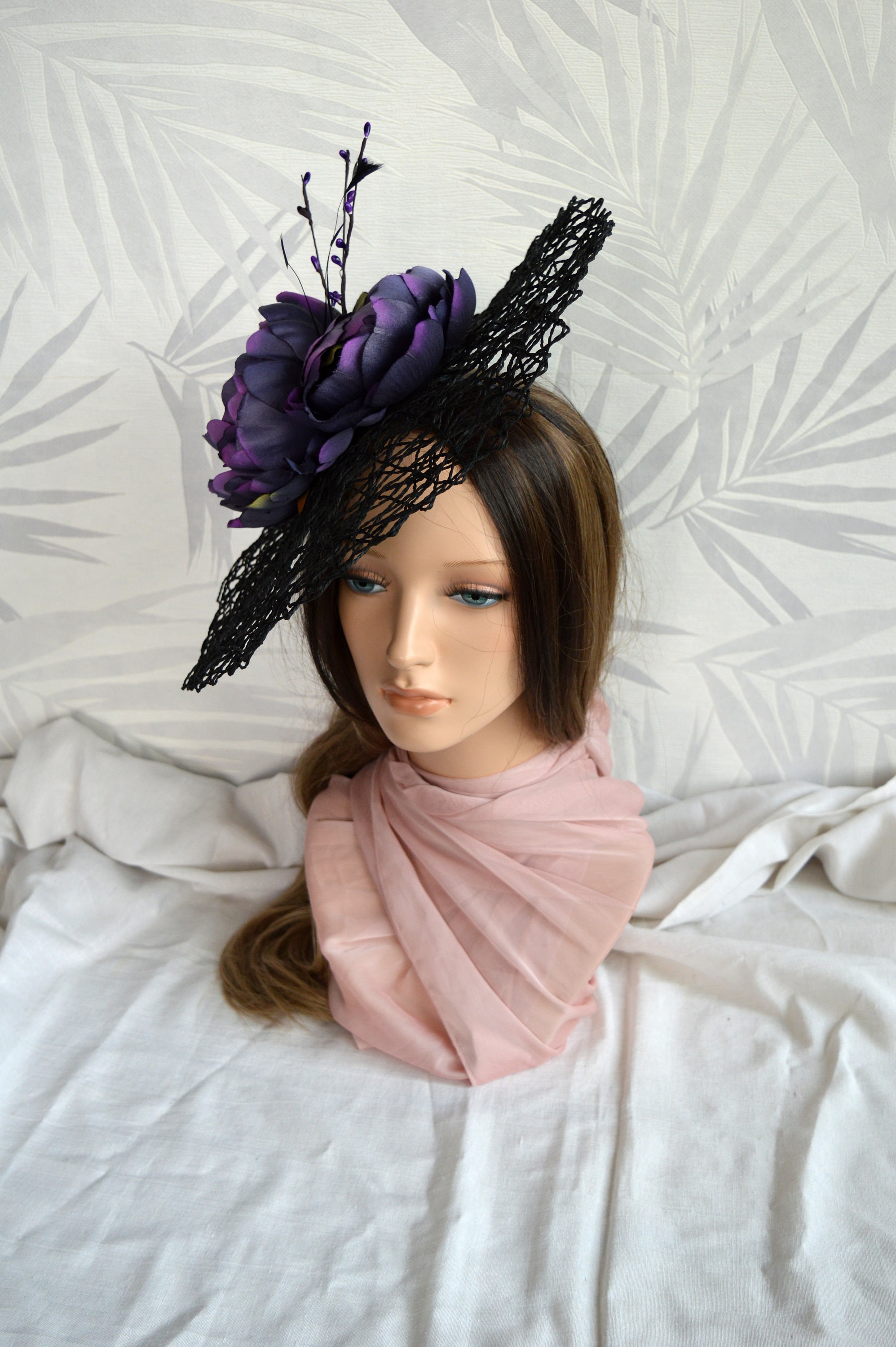 Black Purple Formal Hat, Woman Floral Hat, Races Hat, Hat With Flowers ...