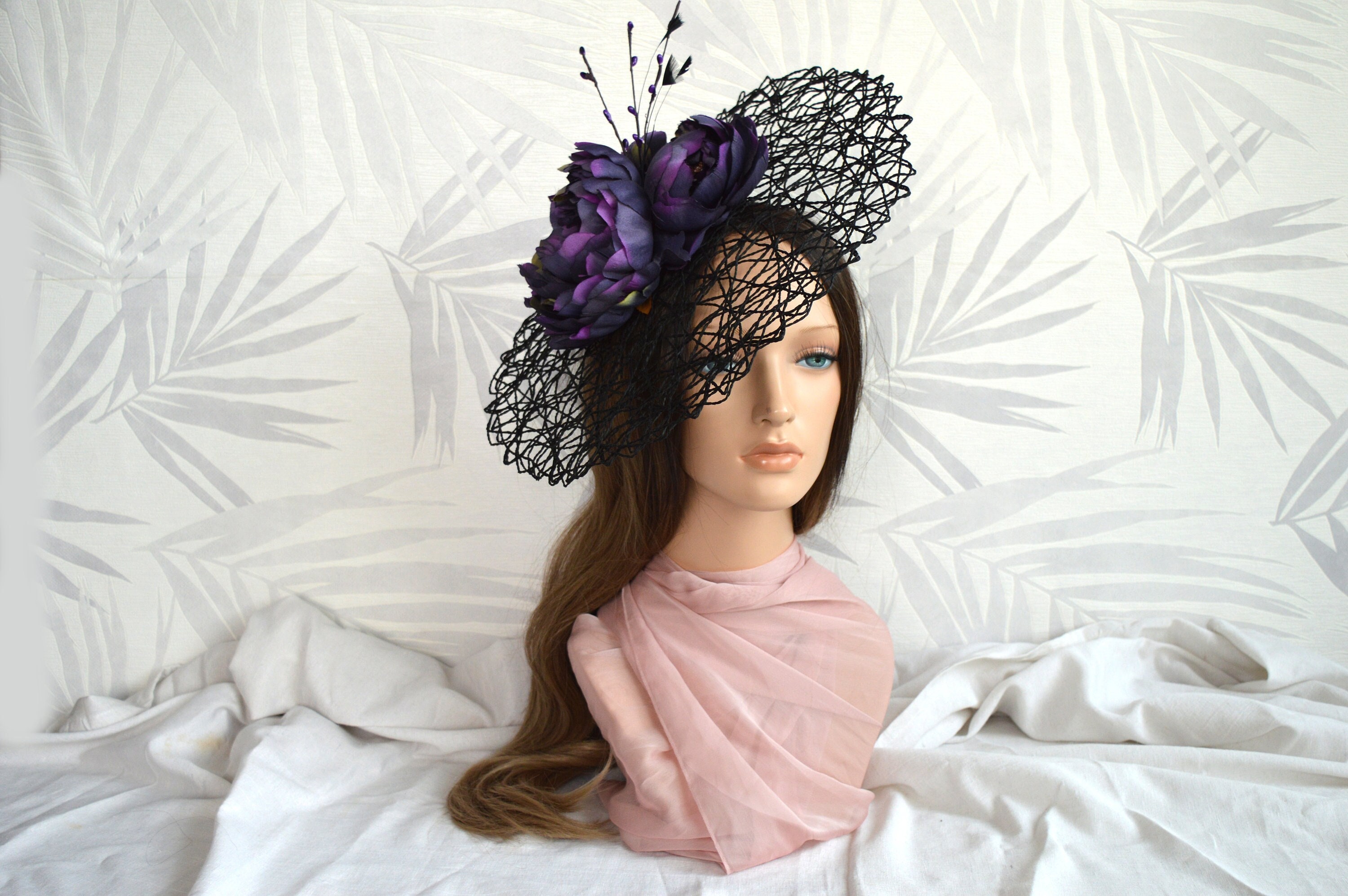 Black Purple Formal Hat, Woman Floral Hat, Races Hat, Hat With Flowers ...