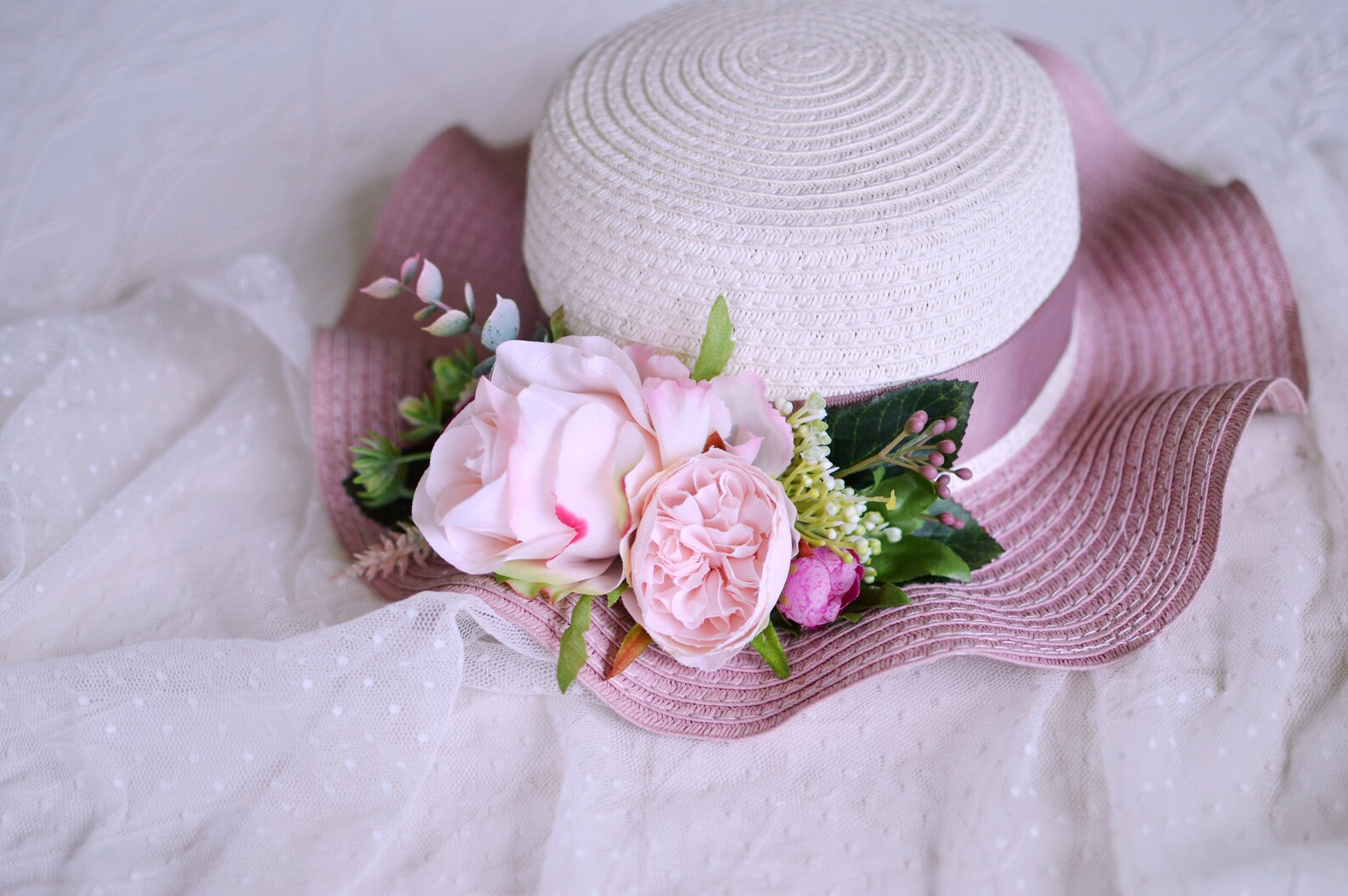 Dusty Pink Flower Hat, Child Straw Hat, Formal Straw Kid Hat, Floral ...