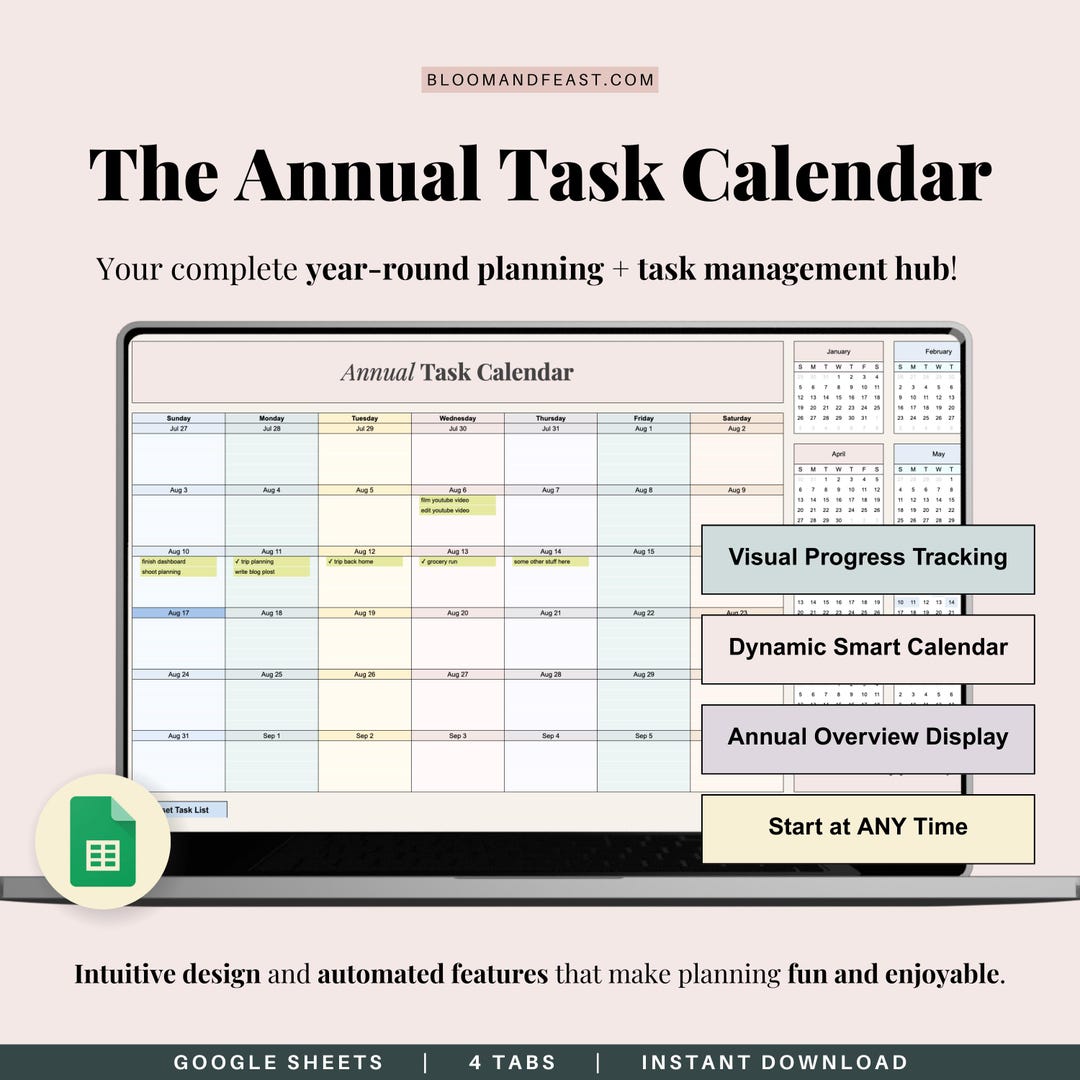 Yearly Calendar to Do List Task Tracker Google Sheets Planner Template ...