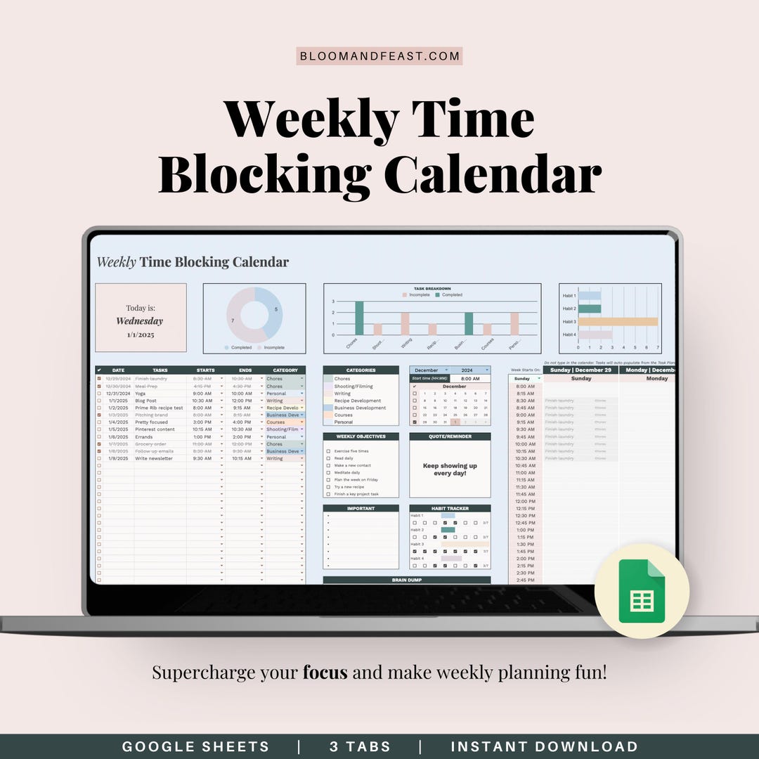 Weekly Time Blocker Spreadsheet 15 Minute Planner Google Sheets Task ...