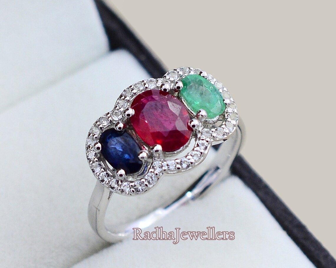 Natural Ruby Emerald Sapphire Mix Stone Ring, 925 Sterling Silver ...
