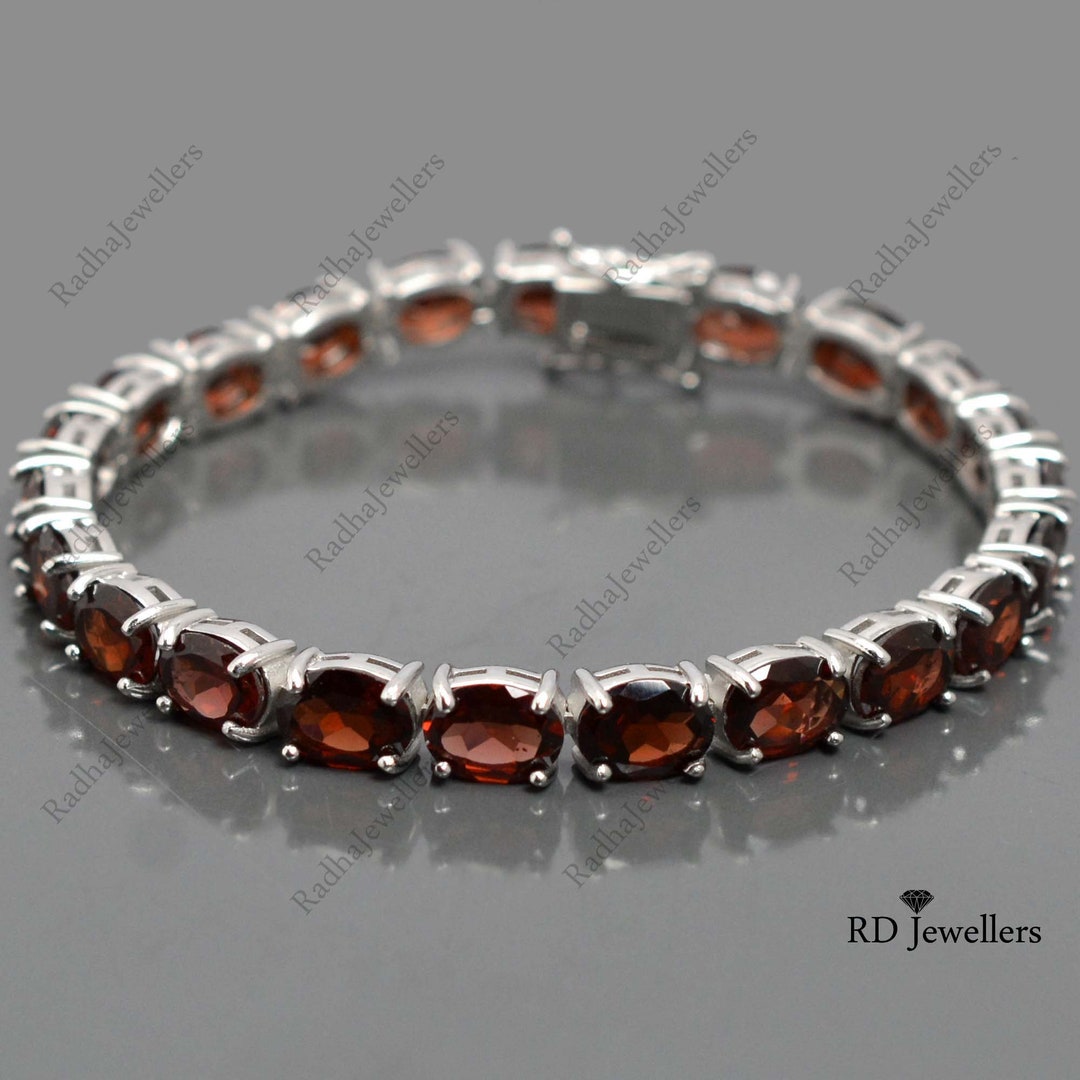 Natural Garnet Bracelet, 925 Sterling Silver, Cut Oval Red Garnet ...