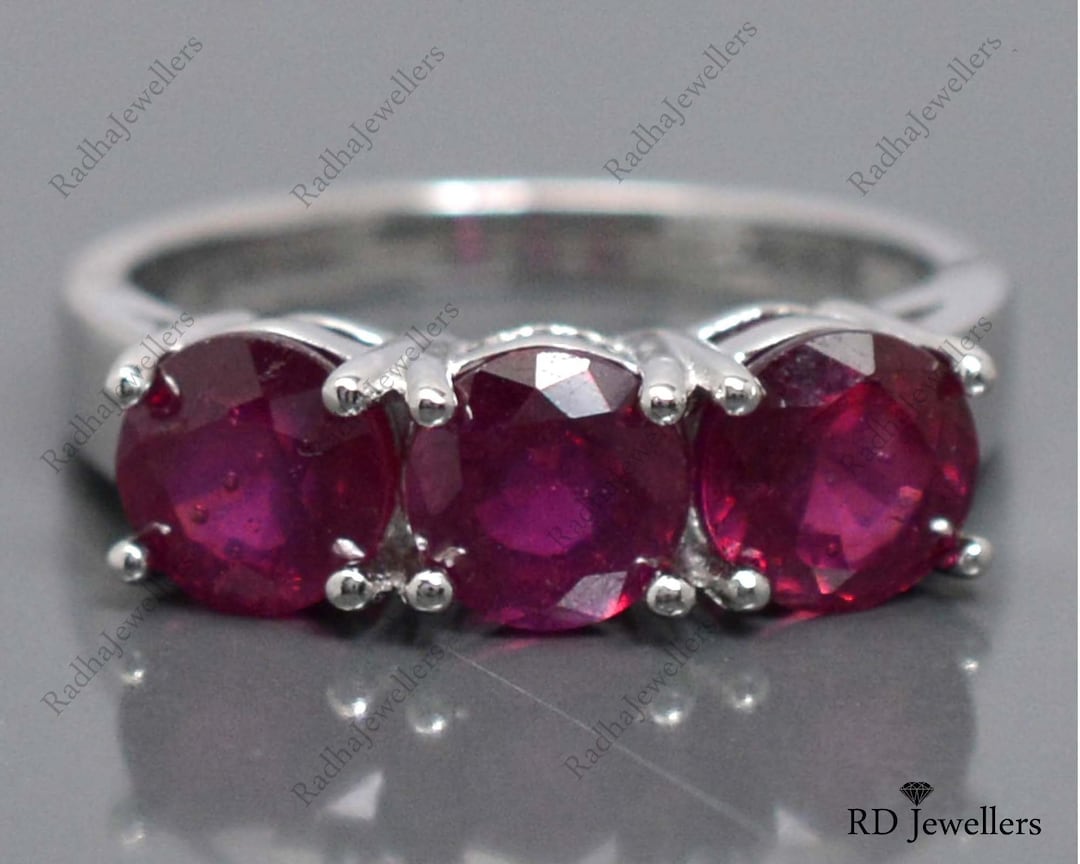 Three Stone Ring\ Natural Ruby Ring\ Solid 925 Sterling Silver\ Cluster ...