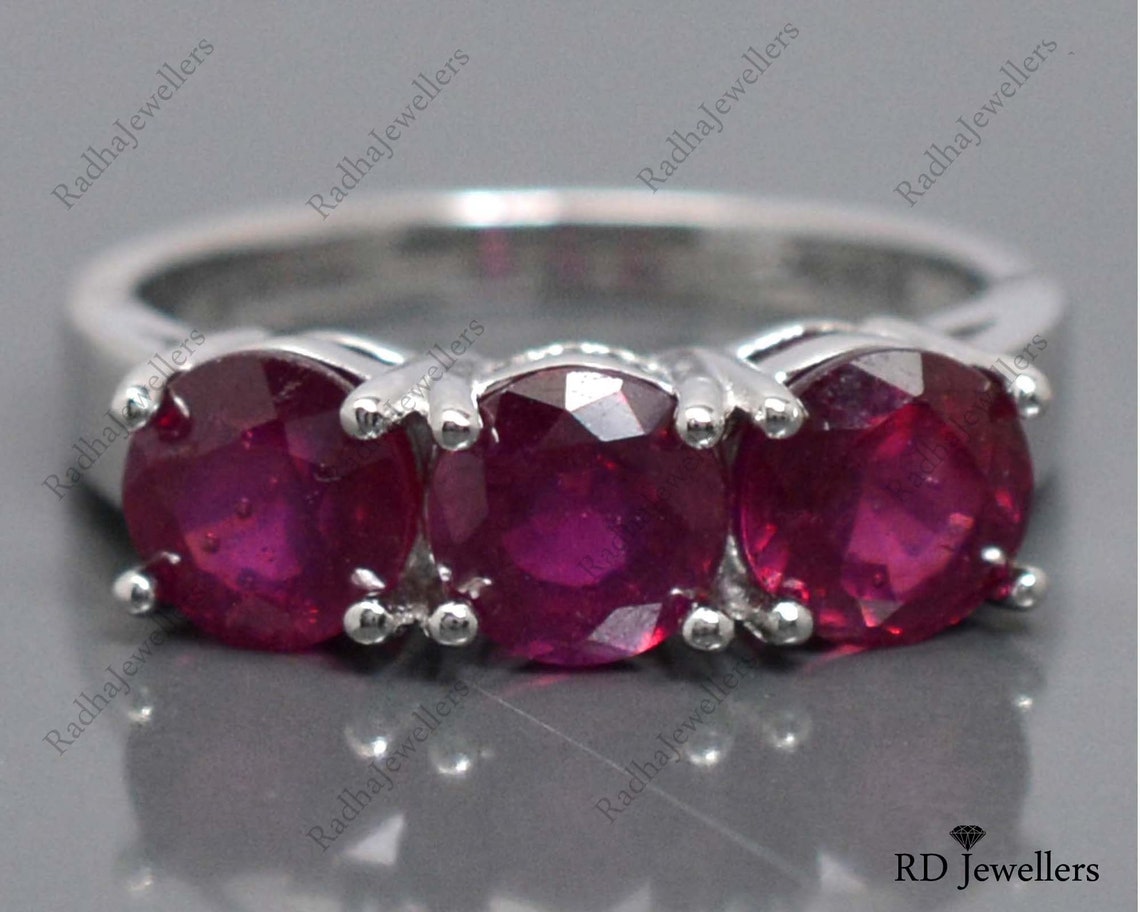 Three Stone Ring Natural Ruby Ring Solid 925 Sterling | Etsy