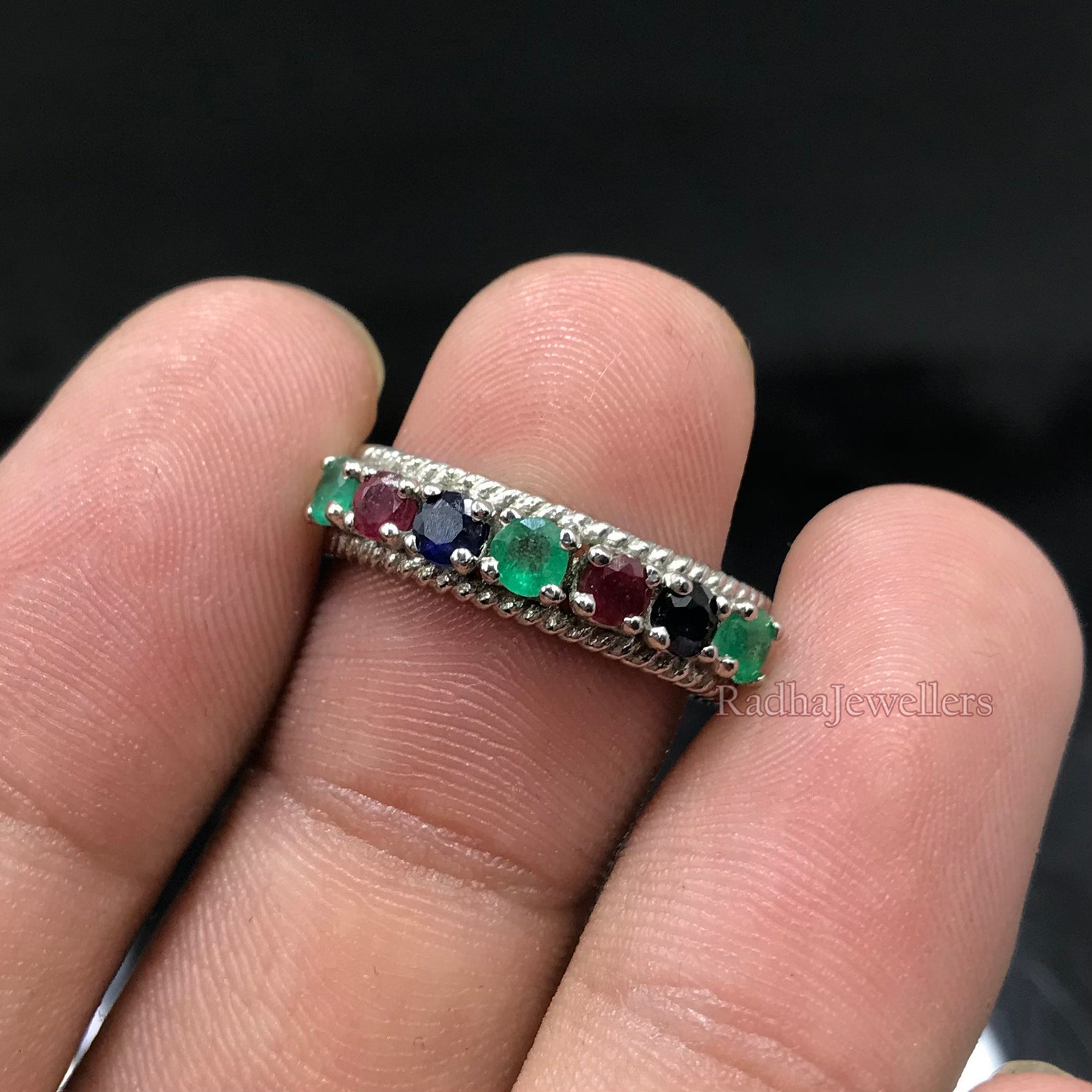 Natural Ruby Emerald Sapphire Mix Stone Ring, 925 Sterling Silver, Half ...