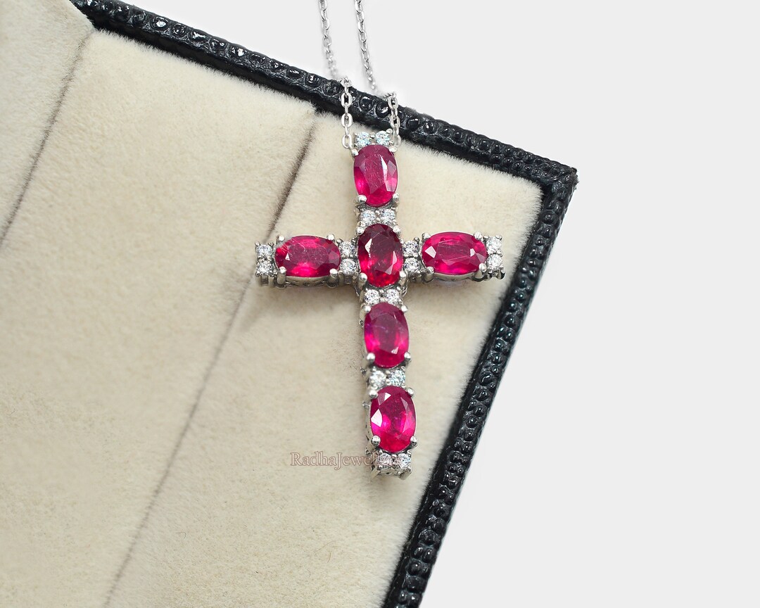 Natural Ruby Holy Cross Pendant Necklace, 925 Sterling Silver, Charm ...