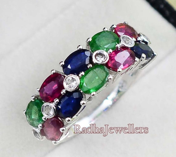 Natural Ruby Emerald Sapphire Mix Gemstone Ring 925 Sterling - Etsy